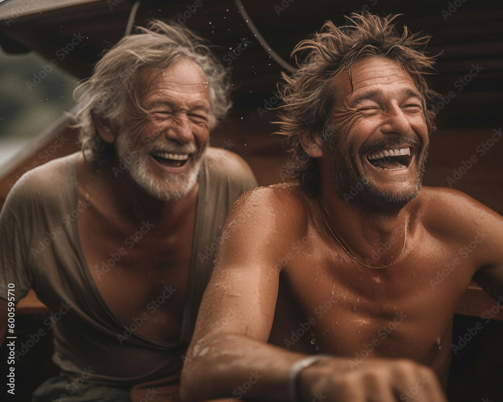 Two men are smiling and laughing while on a boat, ai-generated artwork ...