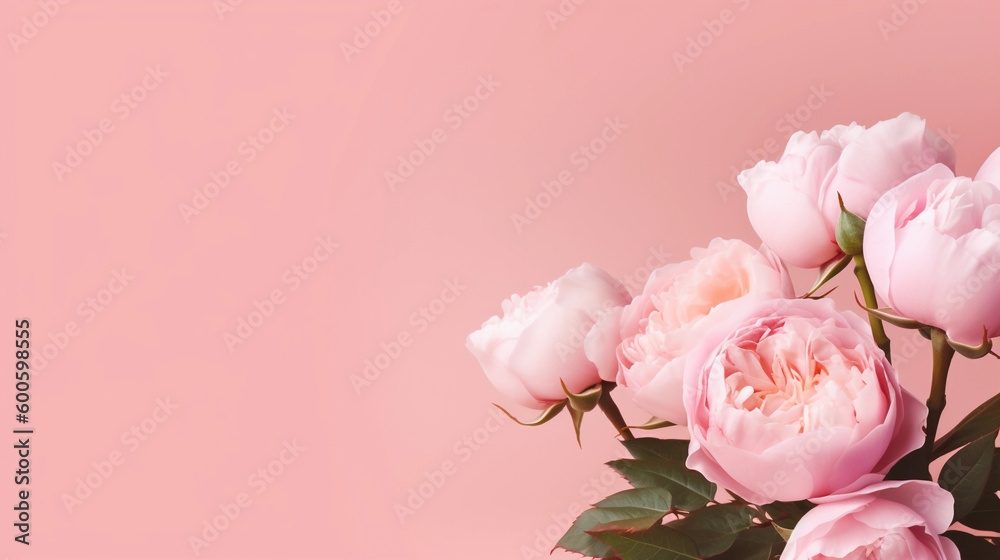 bouquet of roses on plain pink background, minimalistic design with ...
