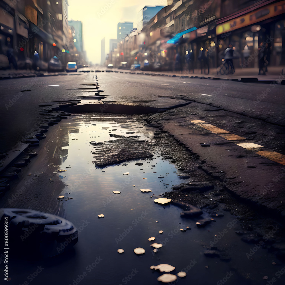 Decay and damaged urban city tarred roads, created with Generative AI ...