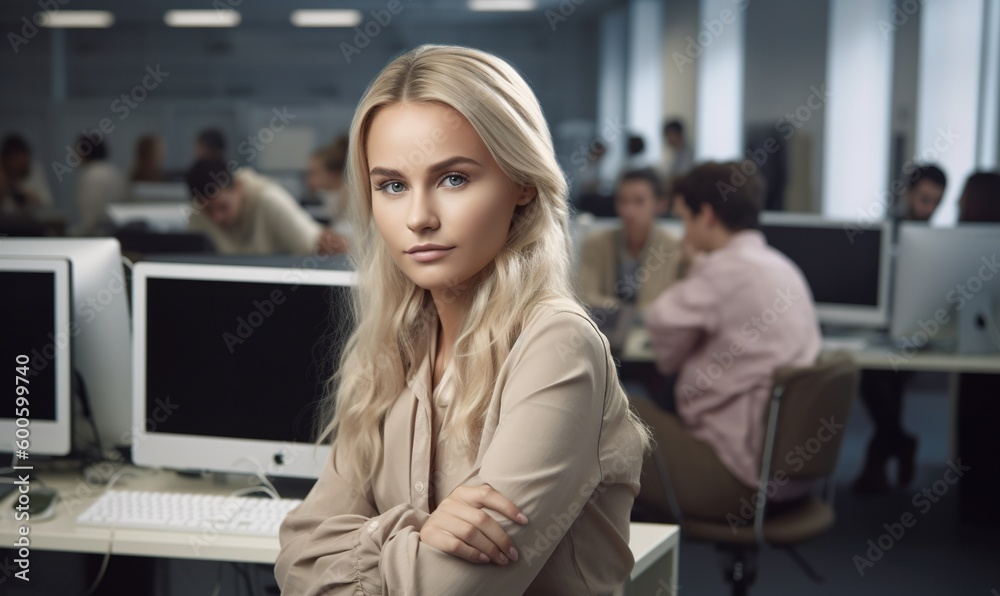 A blonde Norwegian woman is posing in front of several computers on an office floor, showcasing ...