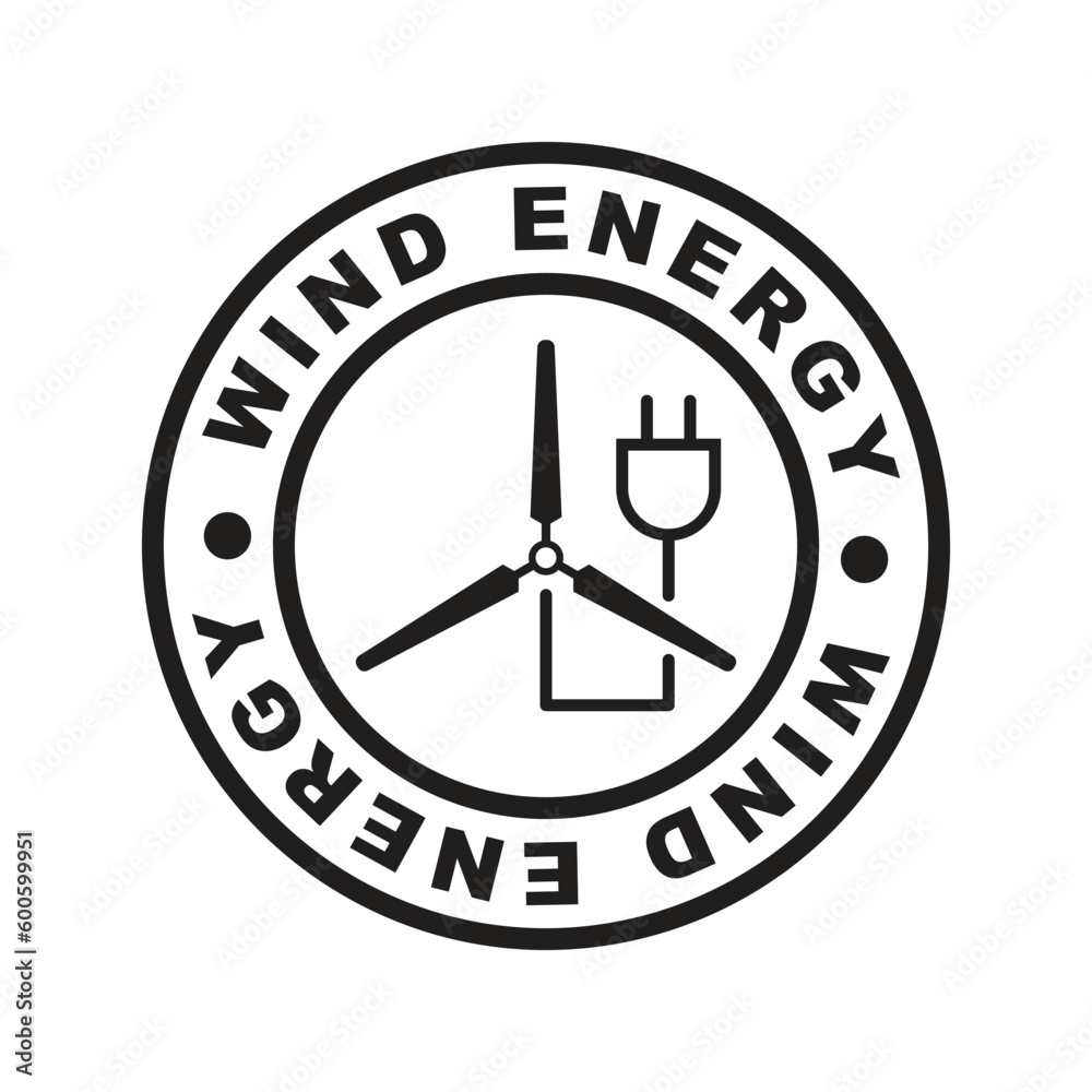 Wind energy stamp, wind power plug icon, wind turbine symbol, windmill ...
