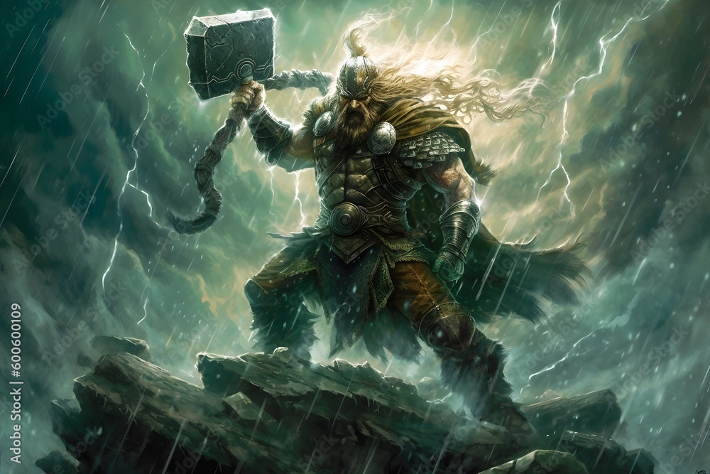 God Thor holds the hammer Mjelnir, a warrior with a sword, thunder and ...