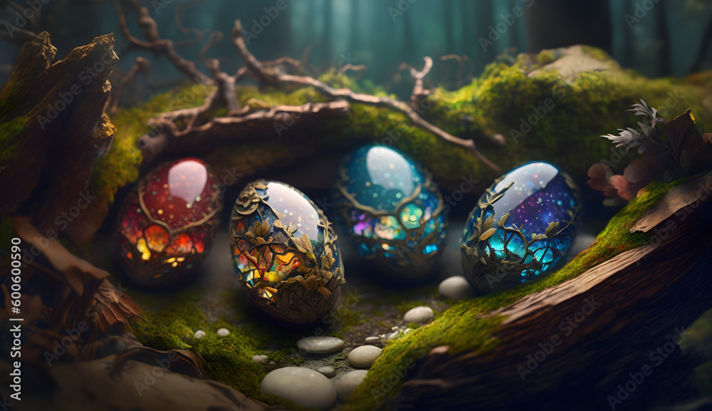 Magical easter egg hunt in the dark magic enchanted forest, fantasy ...