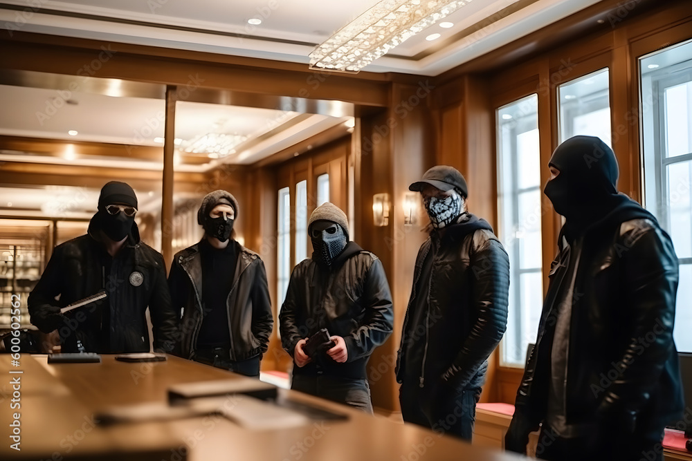 Bank robbery of the century. Criminal man in a hidden mask holding the ...