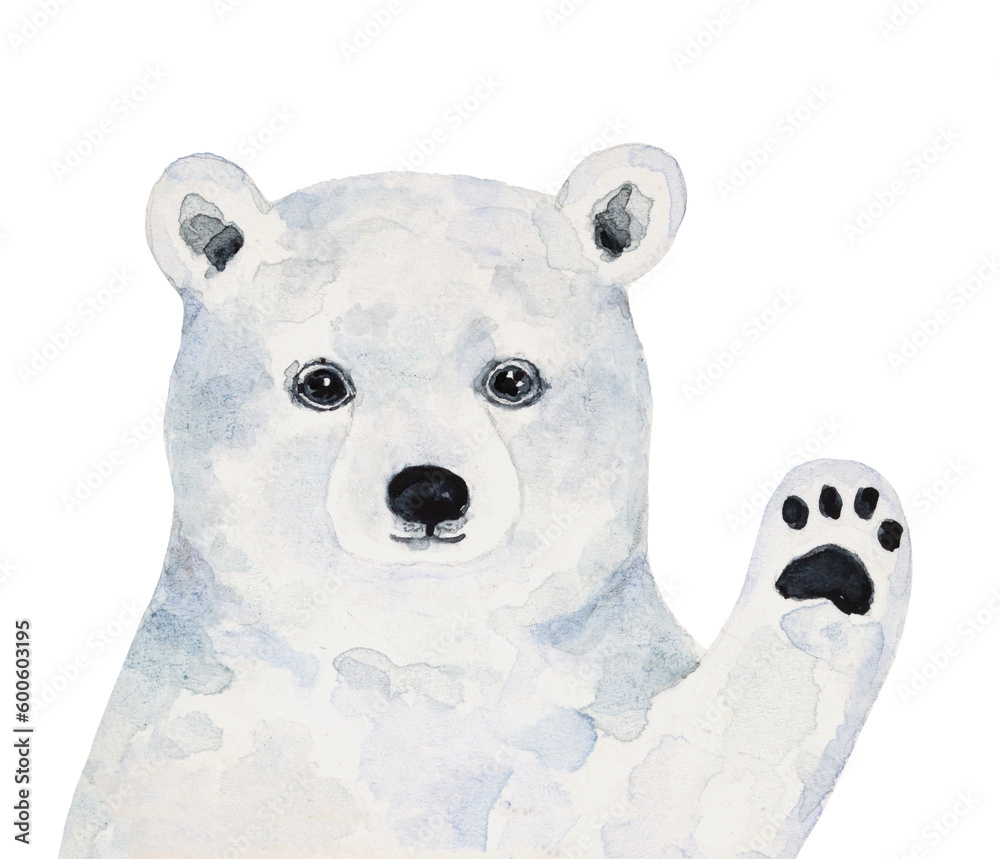 Watercolour illustration of cute little polar bear cub with waving hand ...