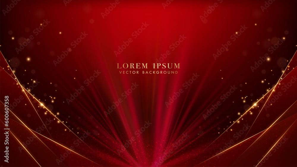 Abstract red light rays with slanted golden lines and glittering light ...