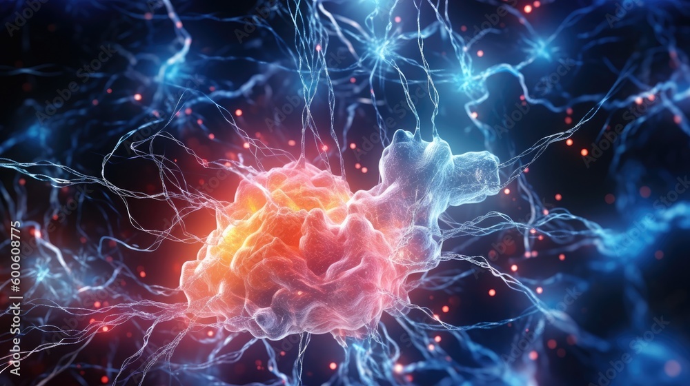 Closeup glowing brain with neural connections. Sparks of inspiration ...