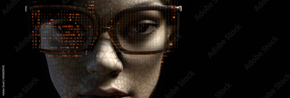 Realistic looking young women face with glasses made from binary code on black background, free ...