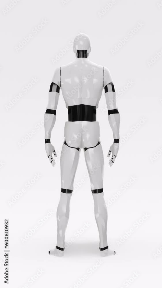 Full Body Humanoid Robot Turning In Loop Isolated White On White Background Which Represents