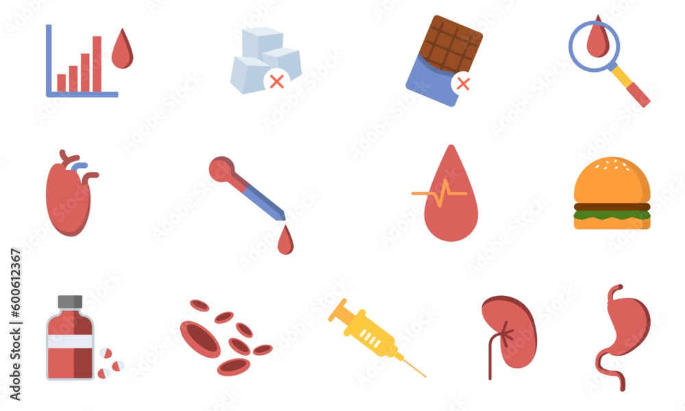 Diabetes Flat Vector Elements Set Diabetes Equipment Icon Collection