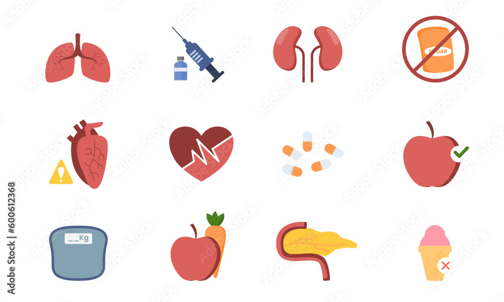 Diabetes Flat Vector Elements Set Diabetes Equipment Icon Collection