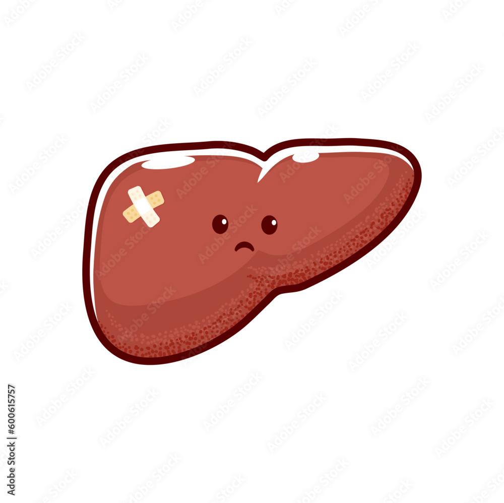 Cartoon sick liver character, injured unhealthy human organ, isolated ...