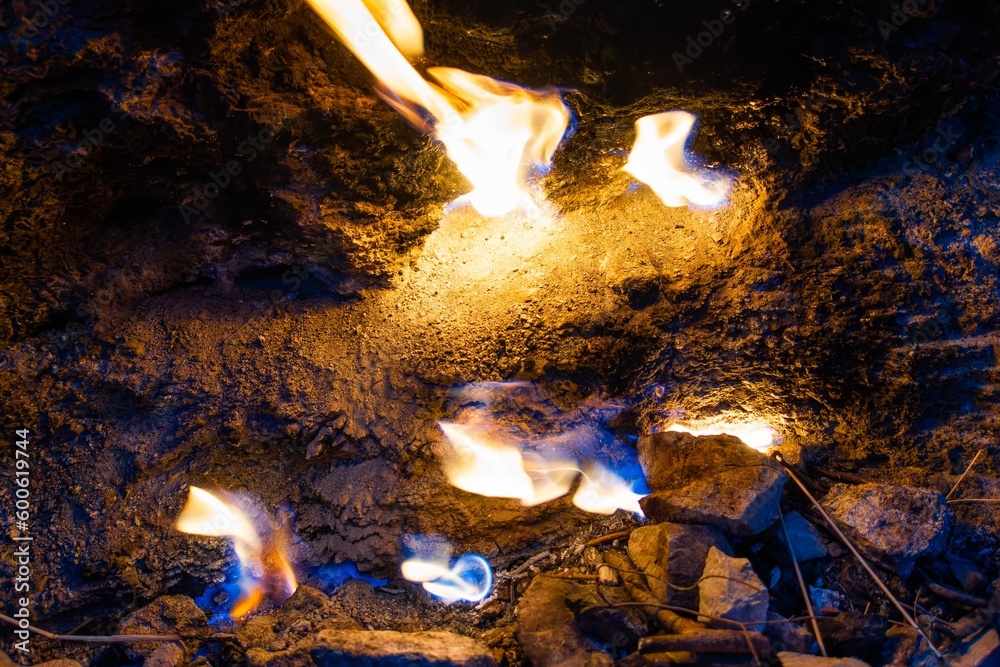 Fire from underground close-up. Mount Chimaera (Yanartas) in Turkey ...