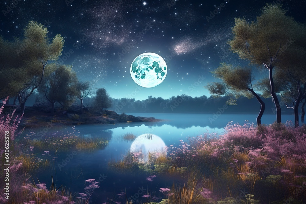 night landscape environment harvest moon over a glittering lake lush ...
