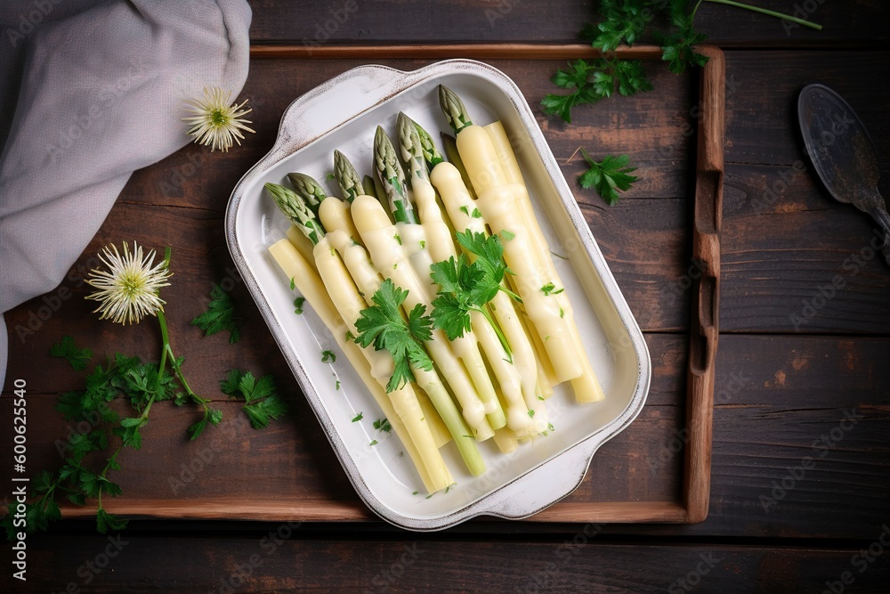 Traditional steamed white asparagus with hollandaise sauce and herbs as ...