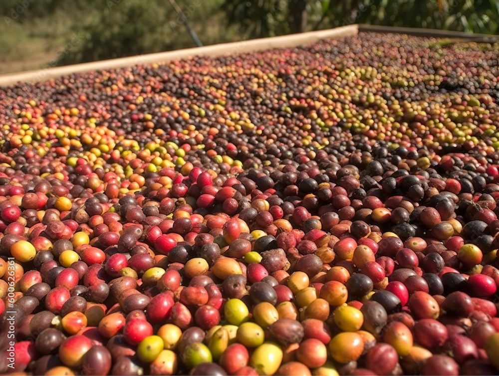 Ethiopian red and green coffee cherries lying to dry in the sun. This ...