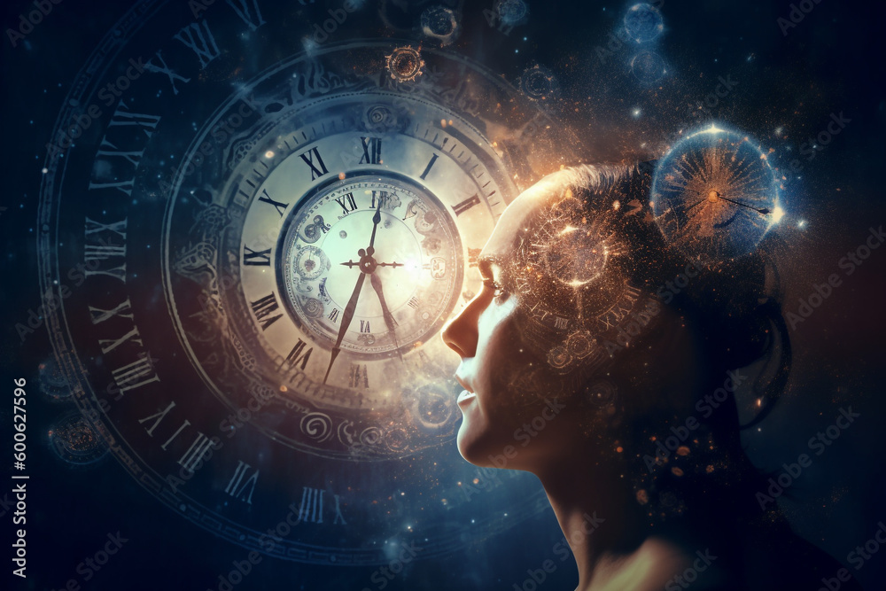 Abstract concept of time passing by. Human silhouette and old clock ...