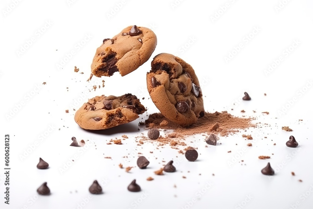 Tasty chocolate chip cookies falling isolated on white background ...