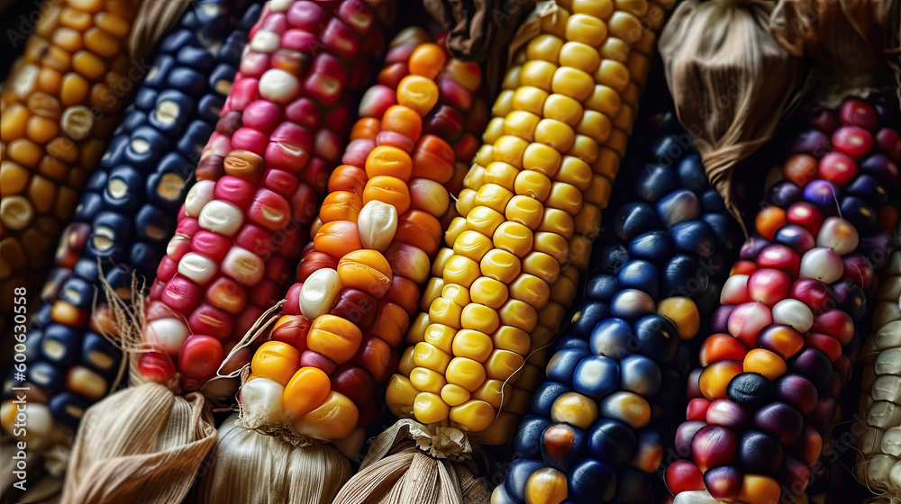 Colored corn cobs. Cereals and grain culture. Multicolored corn ...