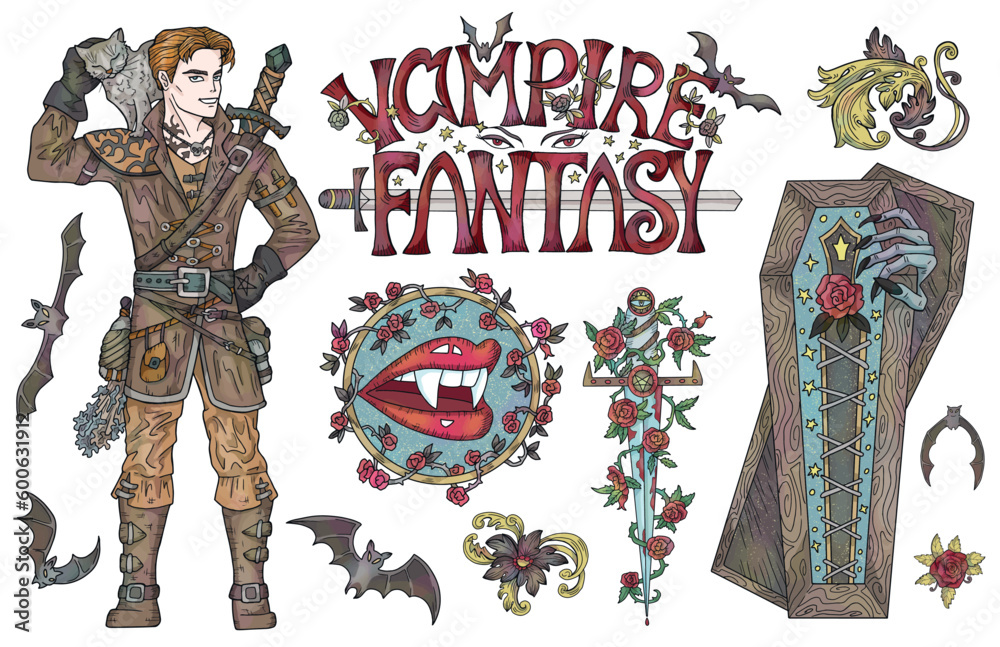 Design vector set with colorful fantasy illustrations of vampire hunter ...