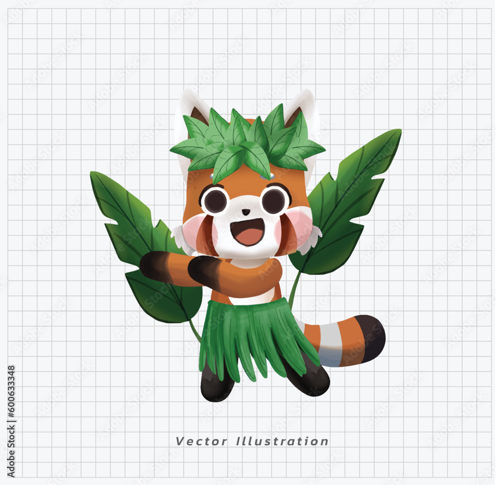Summer vacation theme. Cute kawaii red panda dancing hawaiian hula in ...