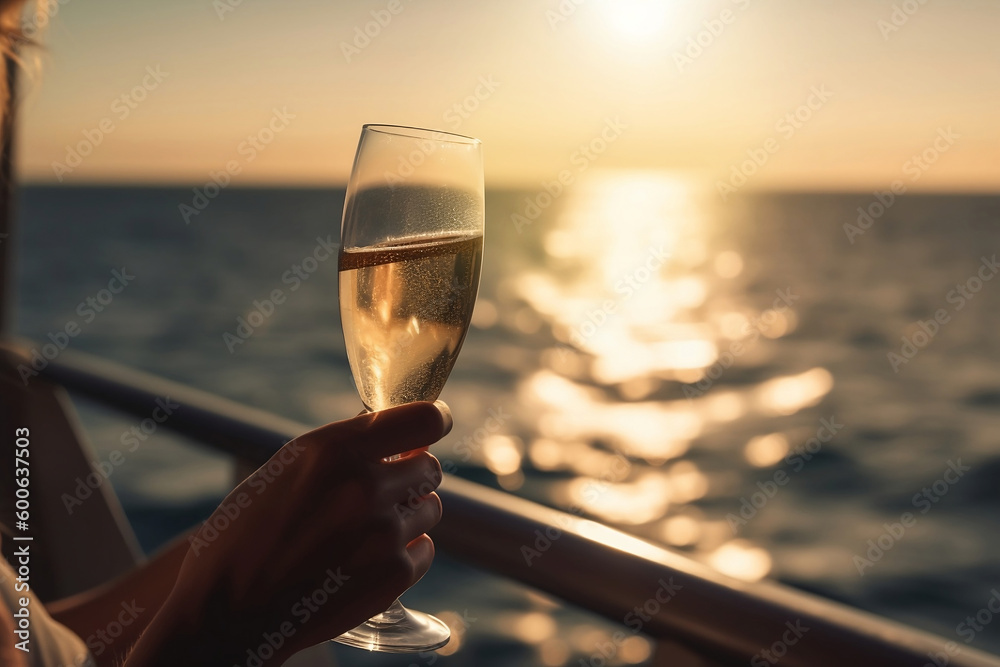 Luxury cruise ship travel champagne glass in woman's hand on balcony ...