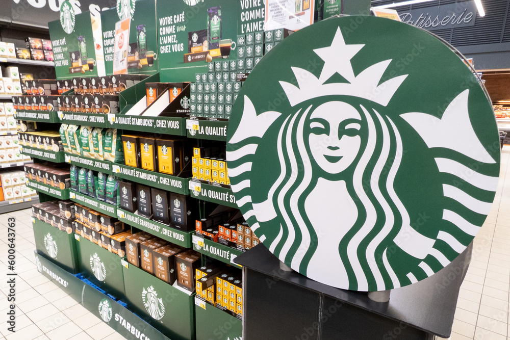 starbucks logo round and brand sign us Coffee display in market shop ...