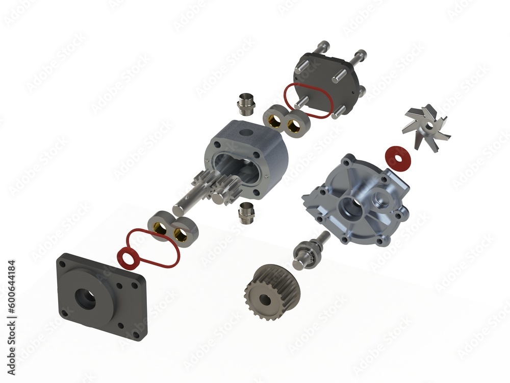 Hydraulic pumps exploded view. Steering pump. Power presure pump. Oil ...
