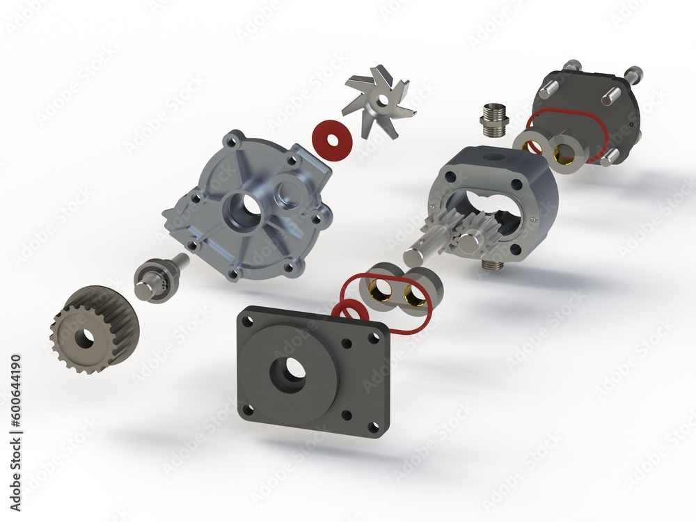 Hydraulic pumps exploded view. Steering pump. Power presure pump. Oil ...