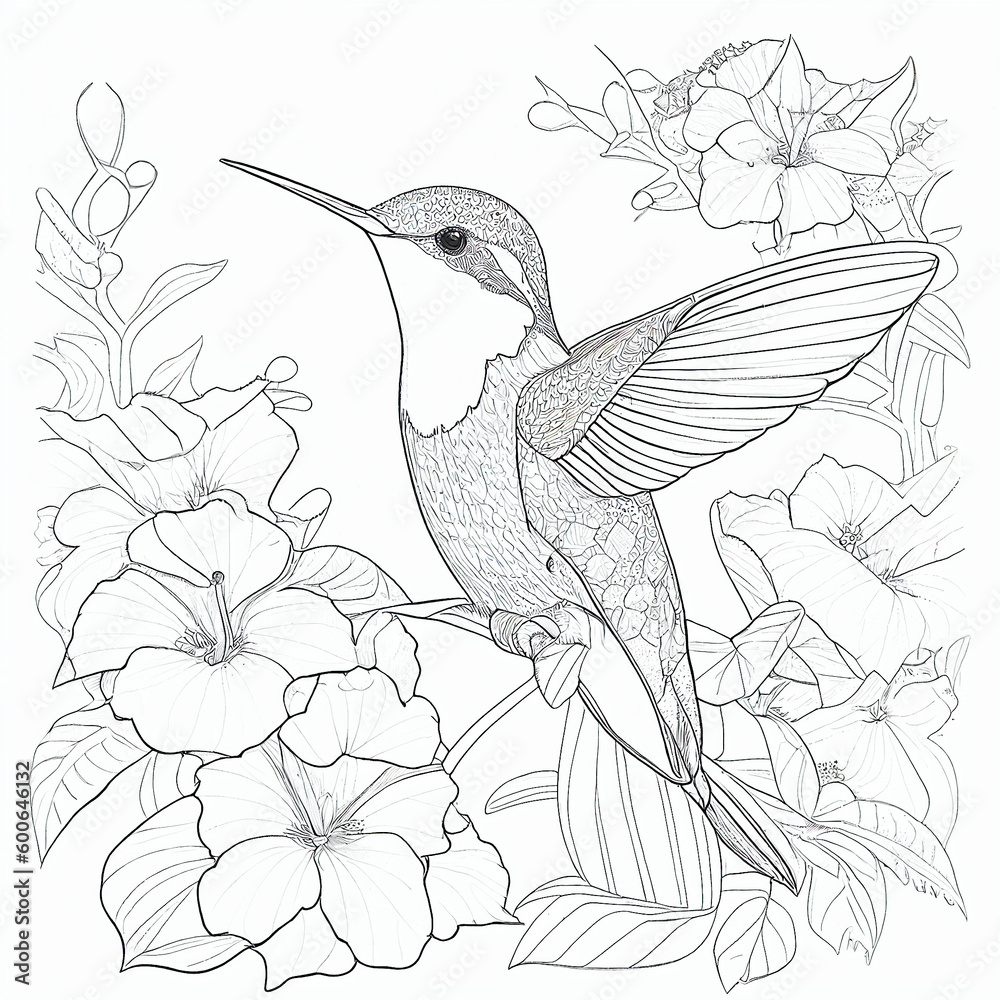 South American hummingbird illustrated with black lines on white ...