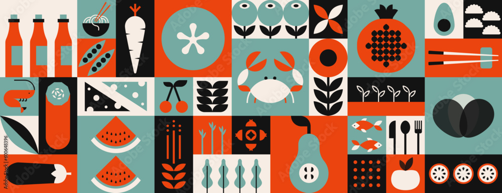 Geometric mosaic food banner. Natural fruit vegetable seafood pattern ...