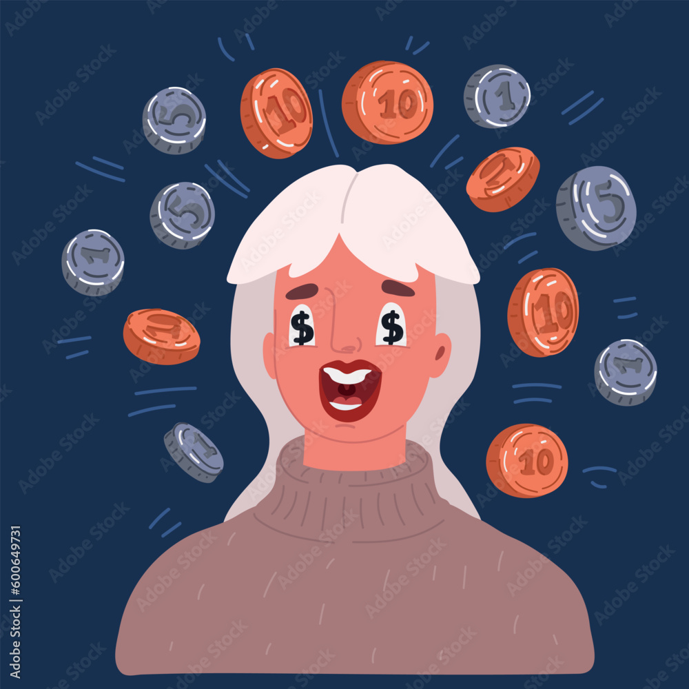 Cartoon vector illustration of Happy Woman Winning Money Cheerful lady ...