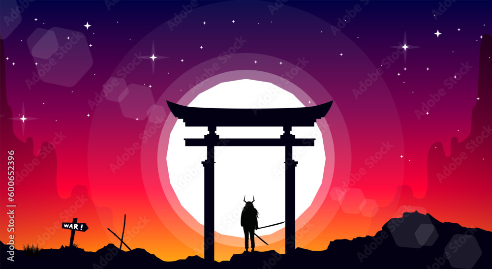 female samurai holding sword in front of traditional japanese gate ...