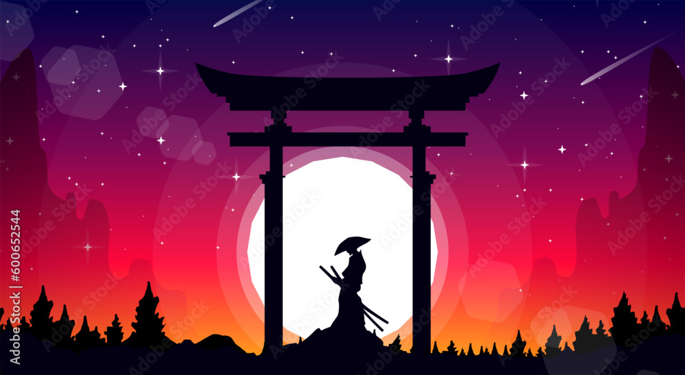 samurai in front of traditional japanese gate. japan theme background ...