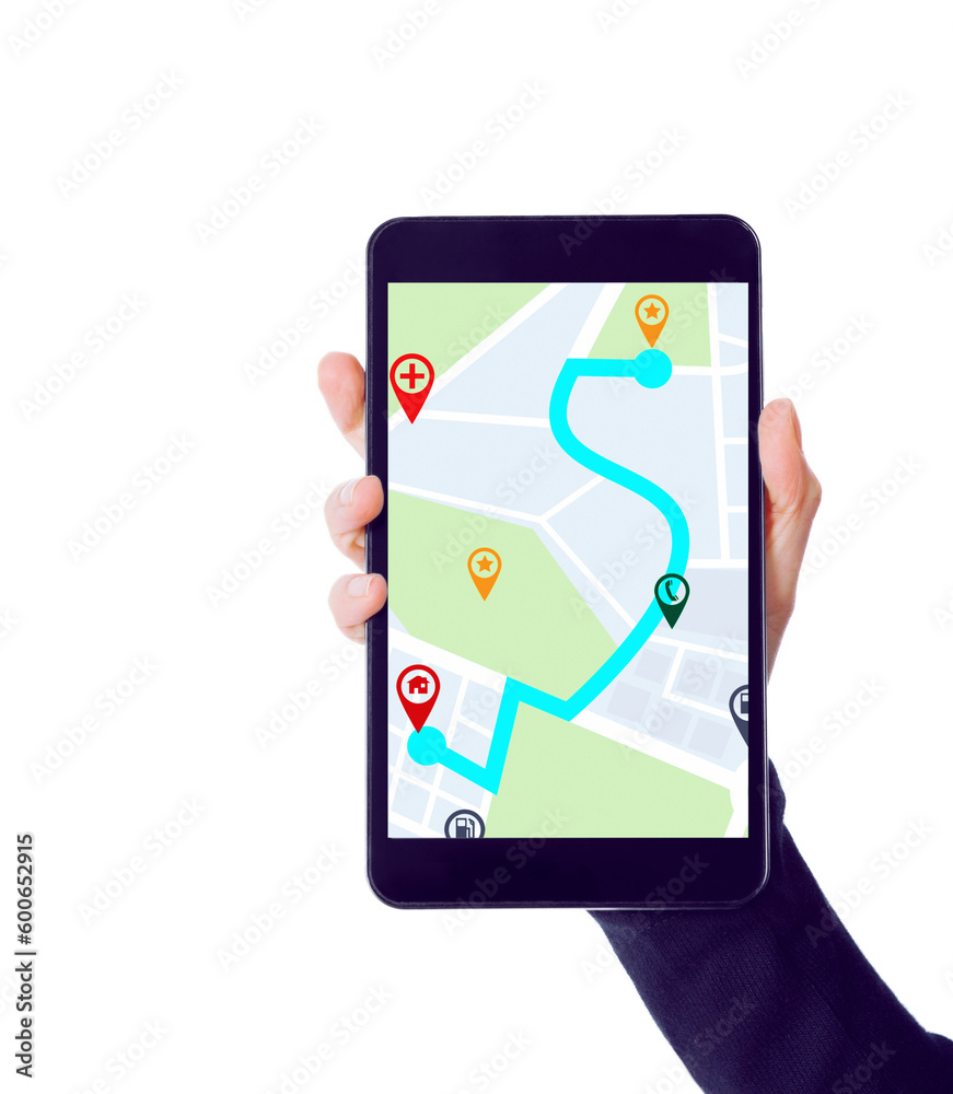 Hands with mobile app, screen or online location for city travel on ...