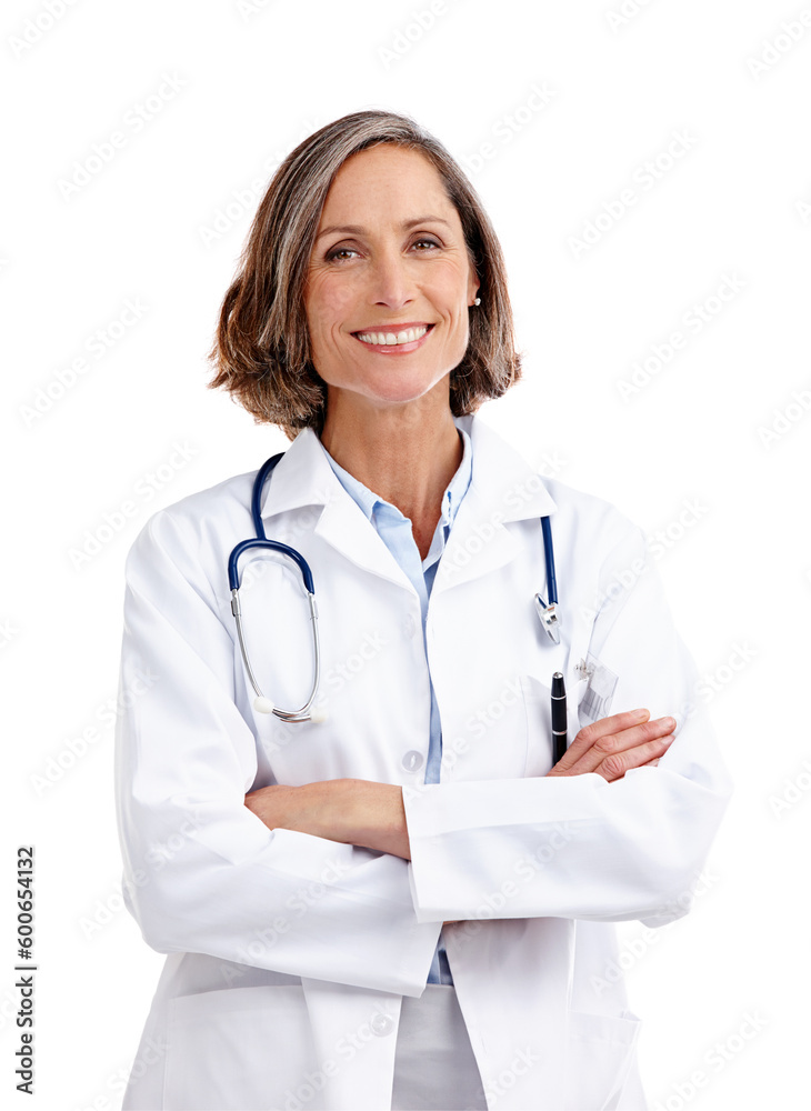 Portrait, doctor and smile of woman with arms crossed in studio ...