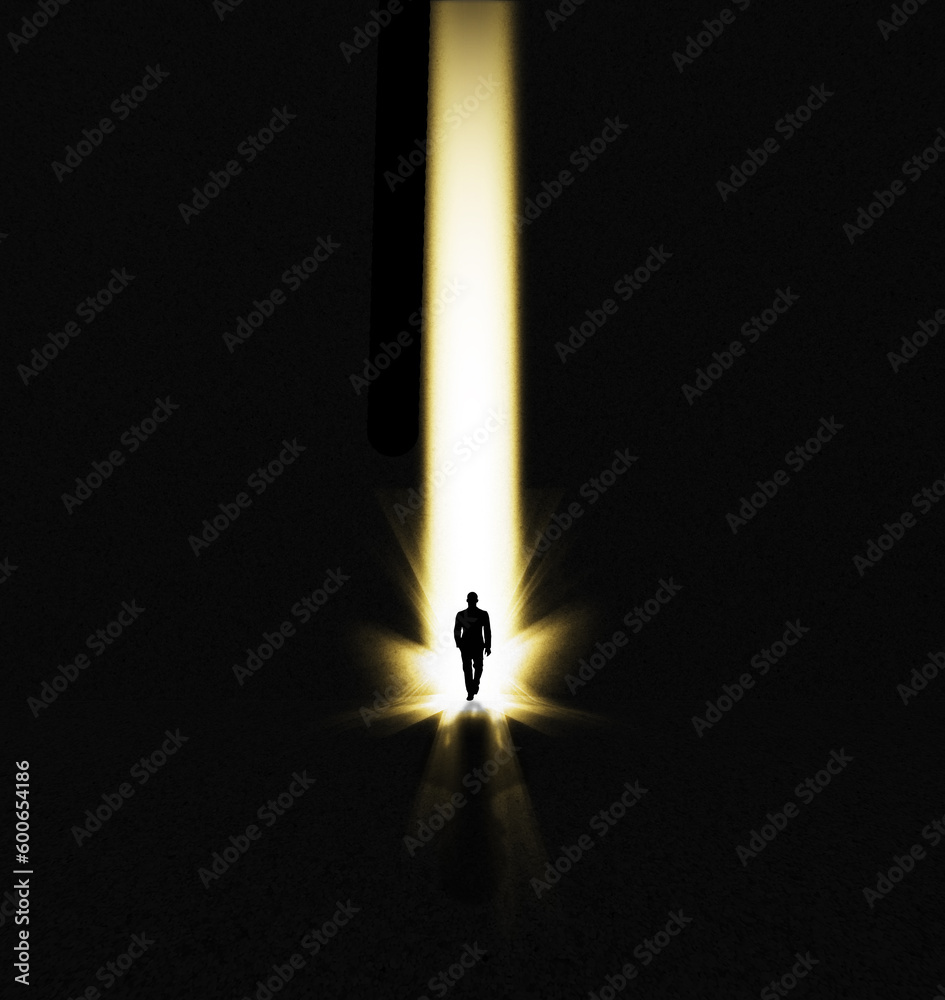 Walking man, faith and miracle light with shadow showing beam and ...