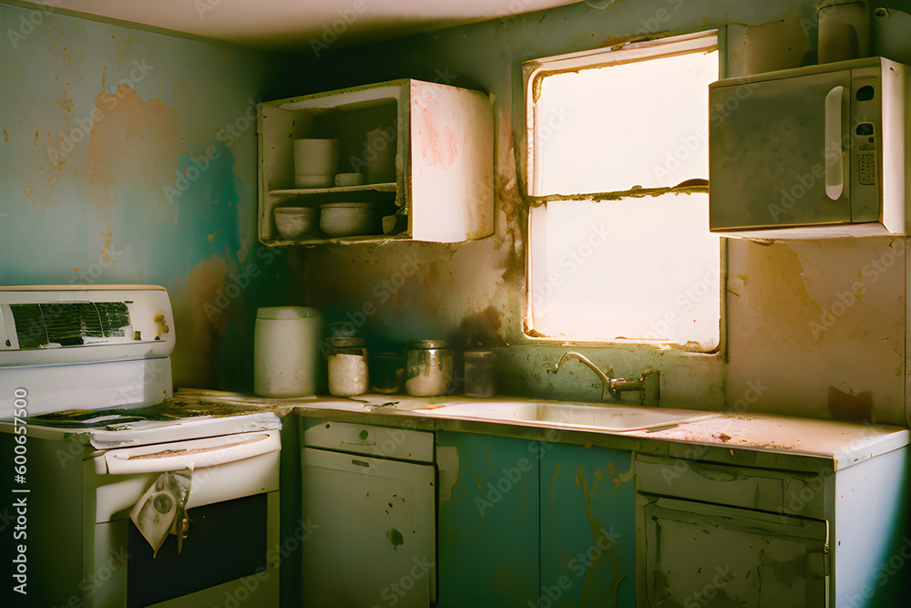Rundown kitchen of a house in a poor neighborhood with stained walls ...