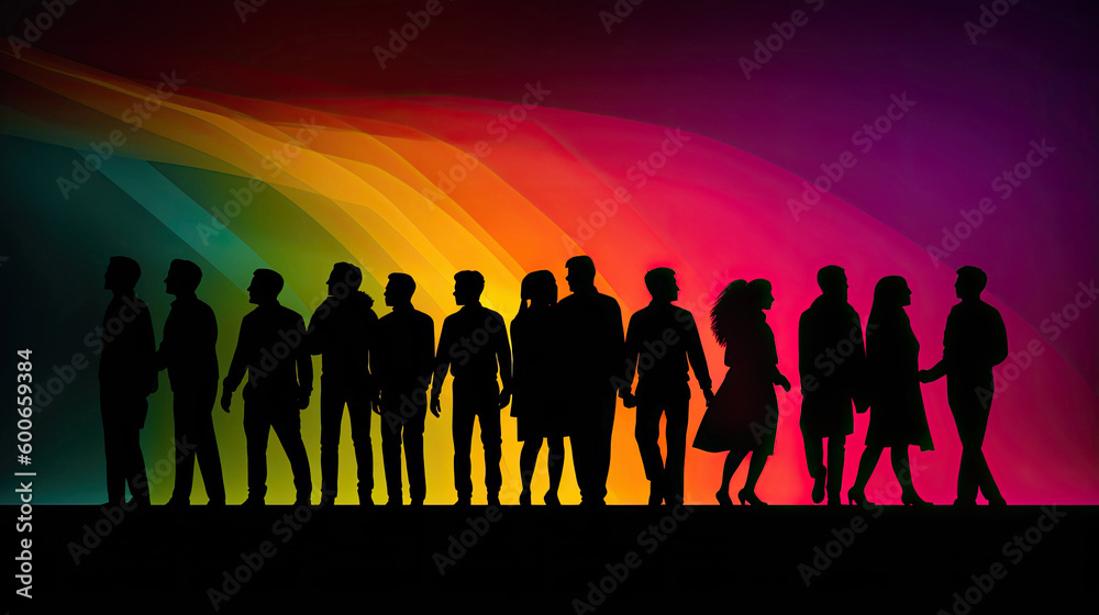 silhouette of a parade of gays and lesbians with rainbow background ...