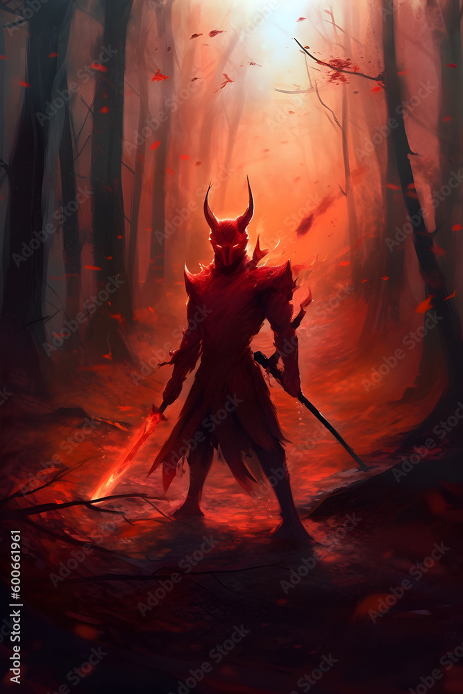 hell demon knight soldier hold fire sword devils army warrior in forest ...