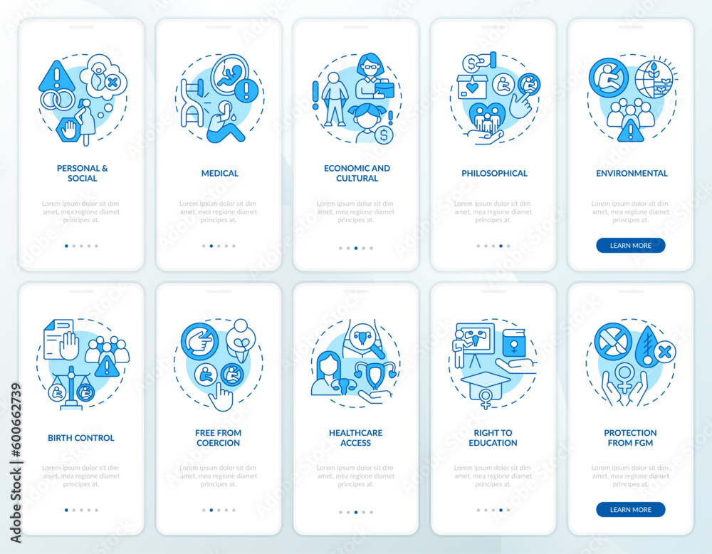 Reproductive Choice Blue Onboarding Mobile App Screen Set Pro Choice