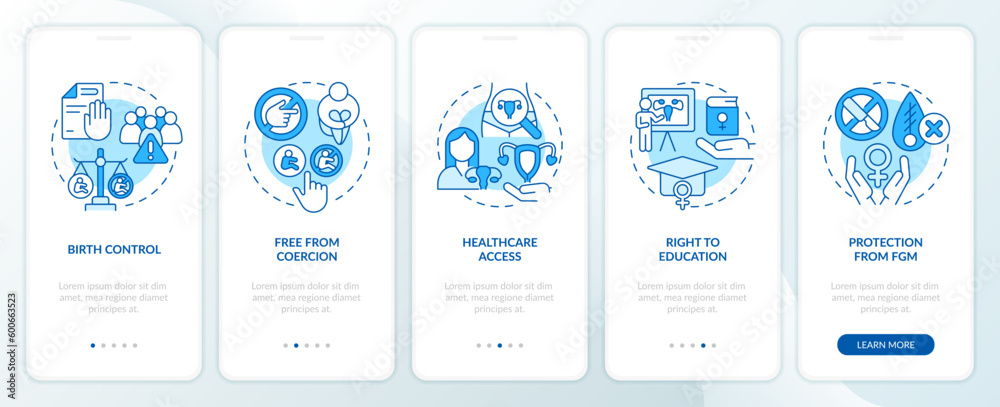 Reproductive rights blue onboarding mobile app screen. Gender equality ...