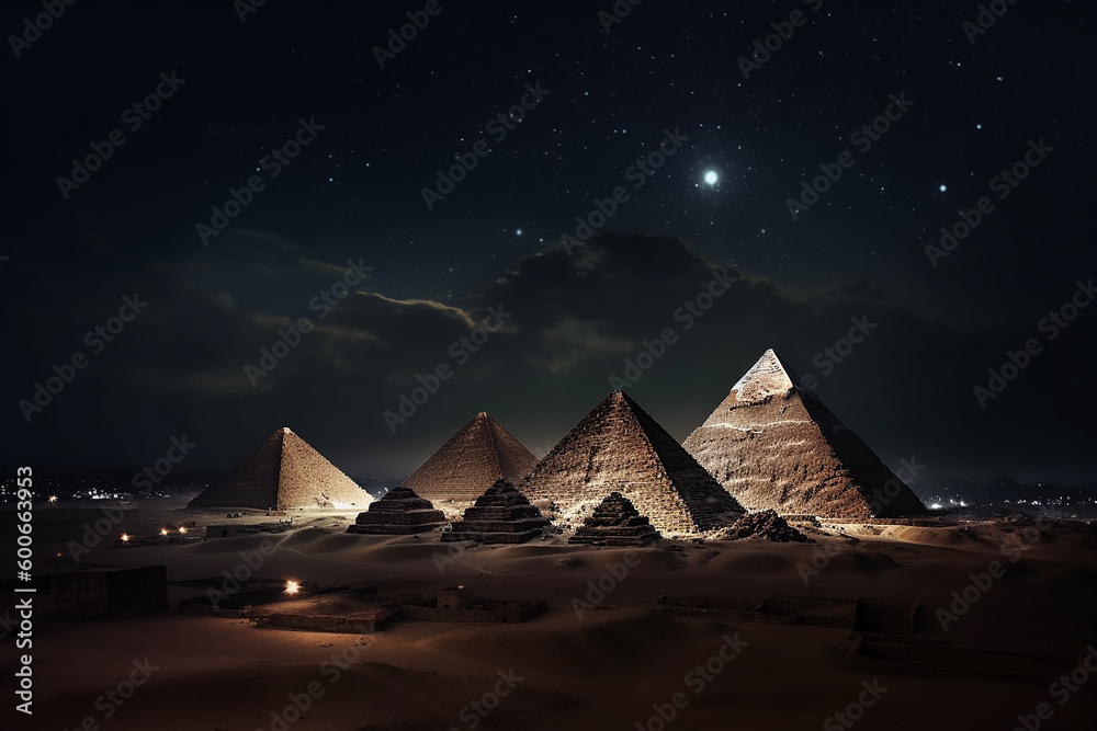 Egyptian pyramids night view in Giza a wonder of the world generative ...