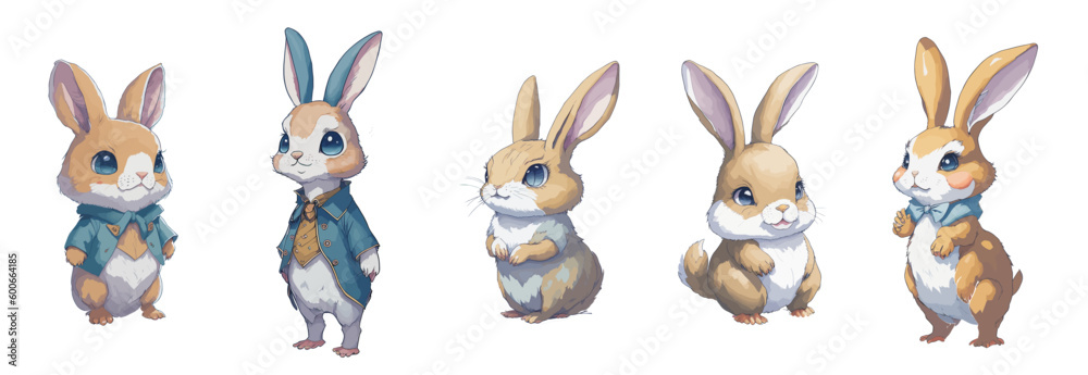 Cartoon rabbit set with different poses and emotions. siting and ...