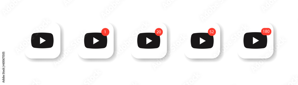 YouTube notifications. Silhouette, black, YouTube logo. Vector icons ...