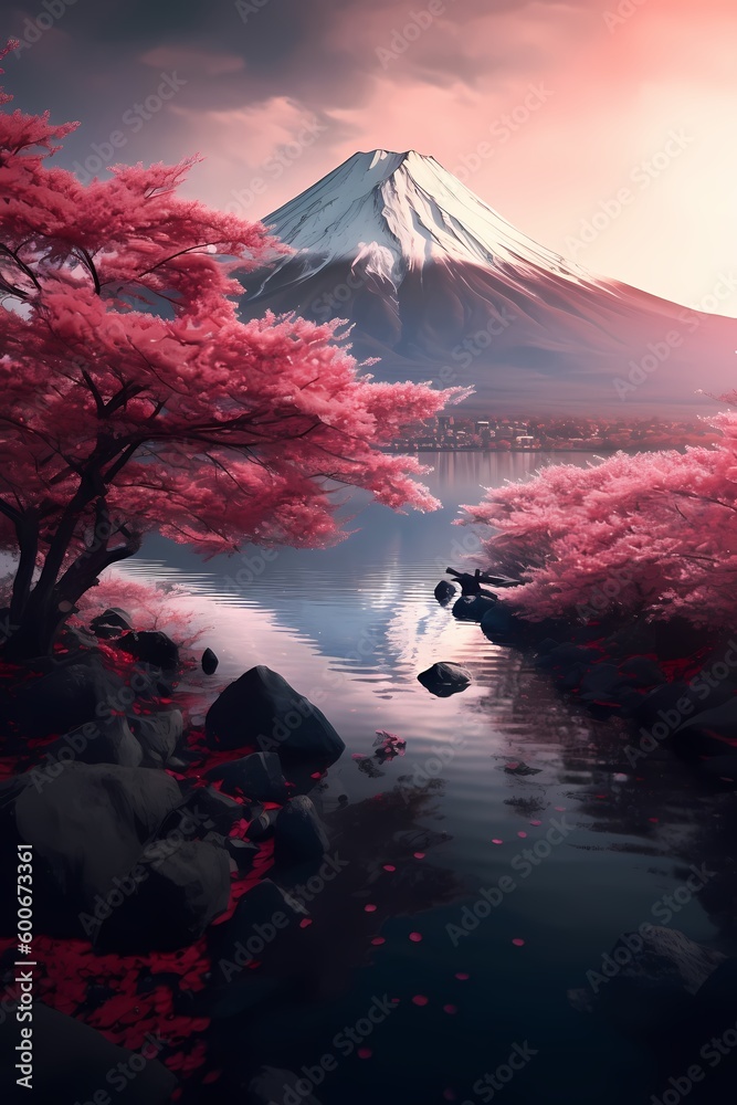 art of fuji mountains in japan, sakura pink leaves in nature generated ...