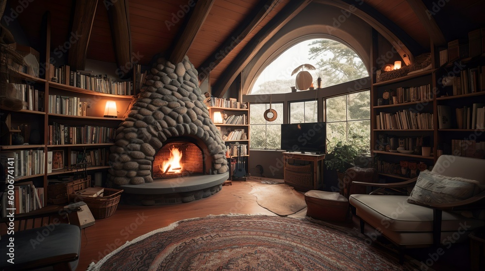 Comfy and cozy wooden hobbit house interior with fireplace and thatched ...