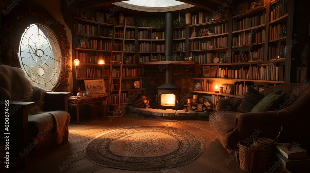 ภาพประกอบสต็อก Comfy and cozy wooden hobbit house interior with stucco ...