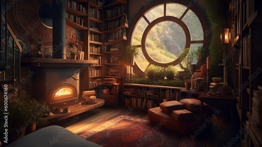 Comfy and cozy wooden hobbit house interior with timber-frame ,AI ...