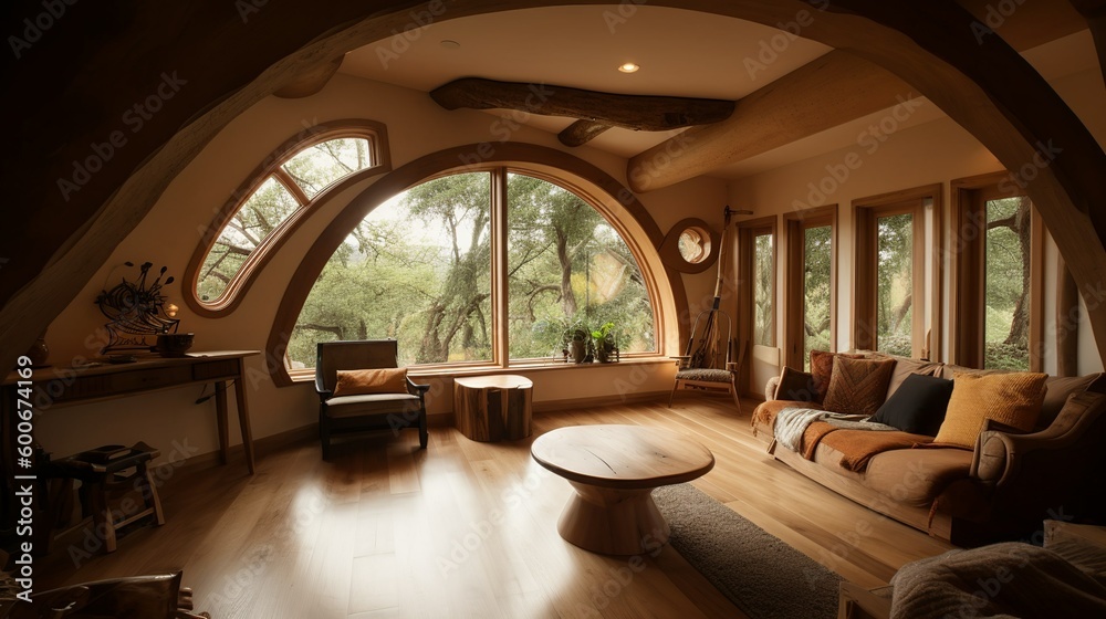 Comfy and cozy wooden hobbit house interior with stucco and thatched ...